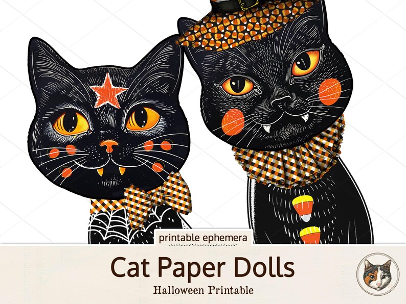 Halloween Printable Cat Paper Dolls – Black Cat Ephemera for Junk ...