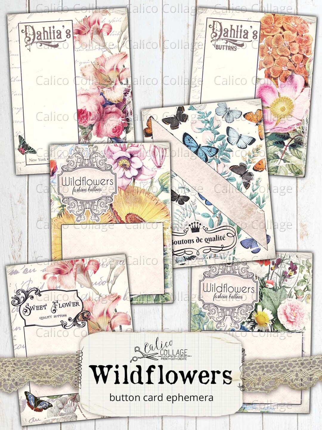 Wildflower Button Cards, Printable Junk Journal Ephemera Pack, Sewing ...