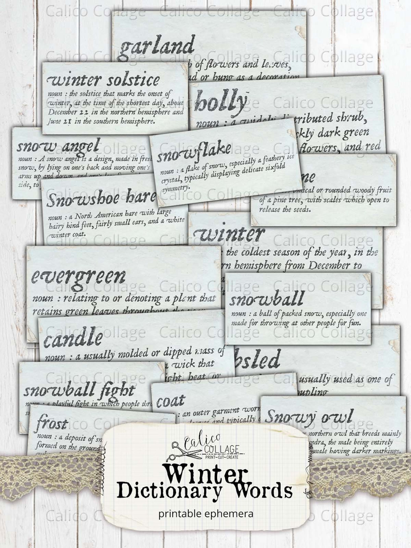Winter Dictionary Words, Junk Journal Printable Ephemera, Definition ...