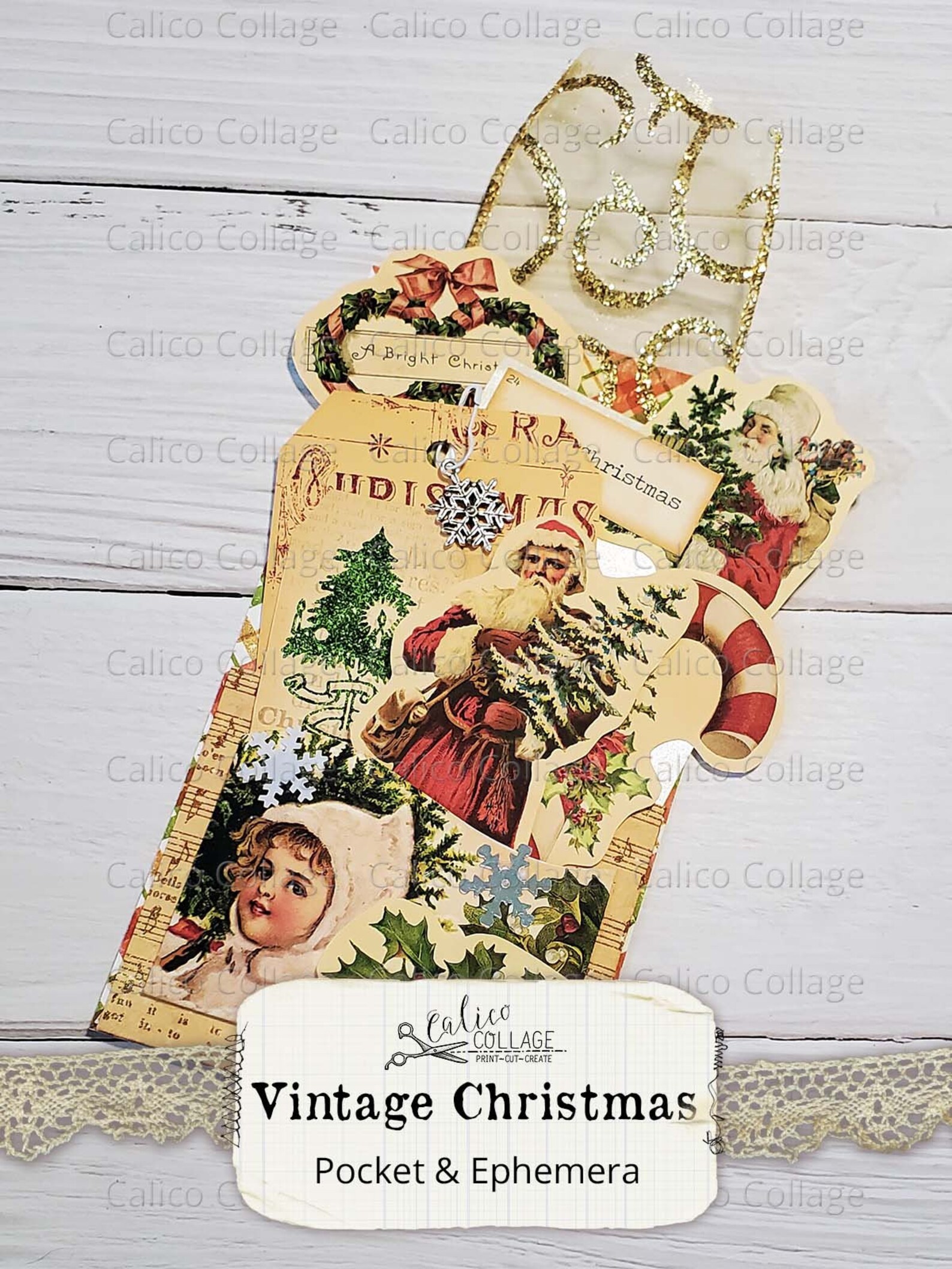 Printable Vintage Christmas Ephemera Pockets, Golden Christmas Junk ...