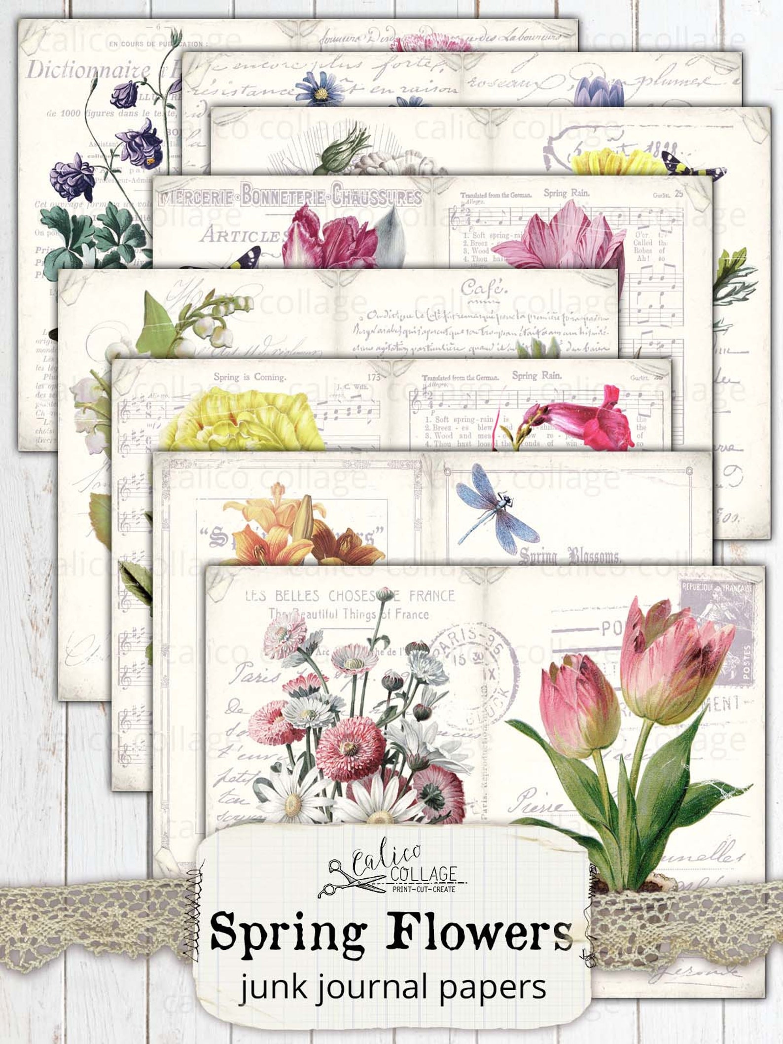 Spring Junk Journal Digital Paper Pack Prints, Spring Ephemera, Floral ...