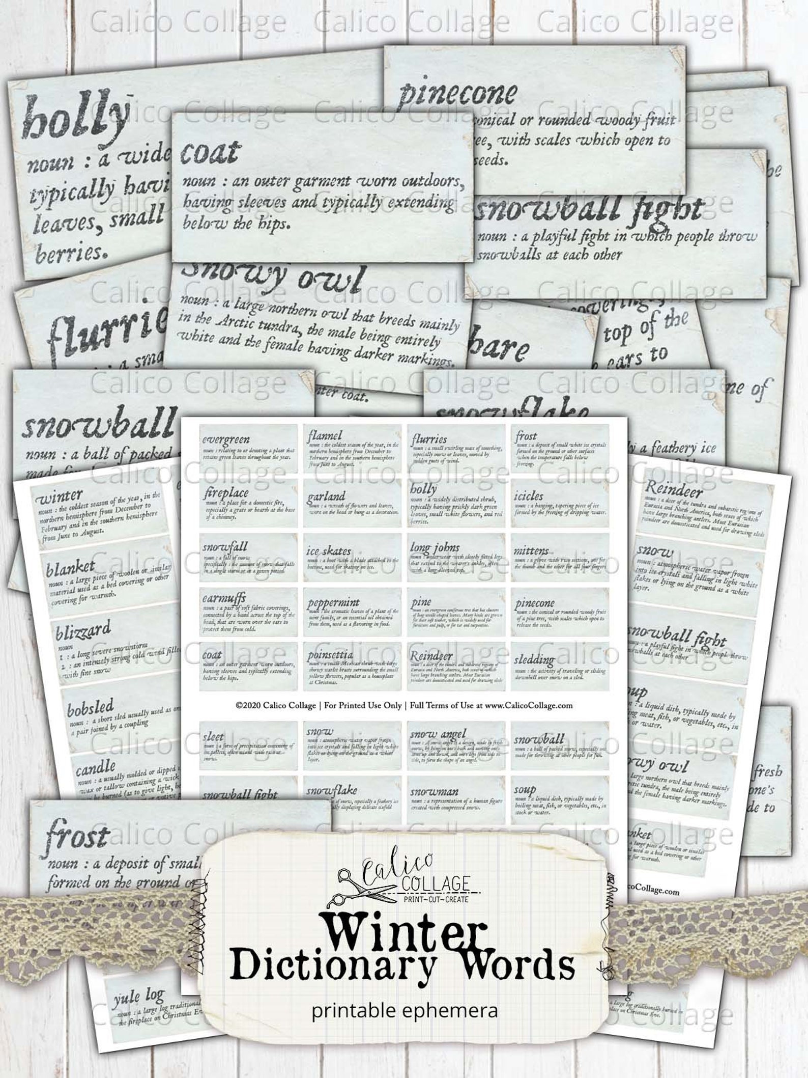 Winter Dictionary Words, Junk Journal Printable Ephemera, Definition ...