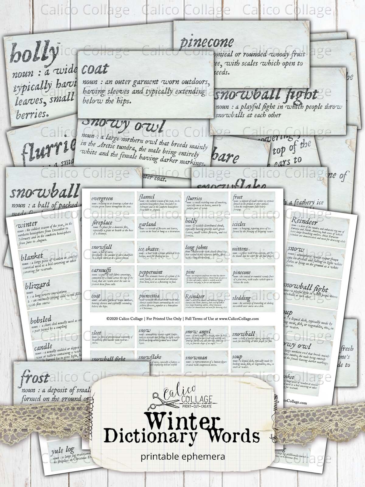 Winter Dictionary Words Junk Journal Printable Ephemera - Etsy