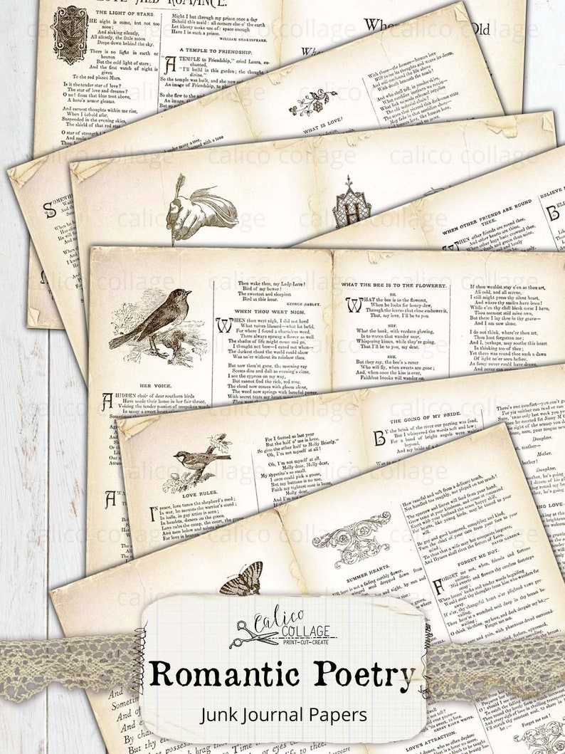 Printable Junk Journal Papers, Romantic Poetry Book Pages, Journal ...