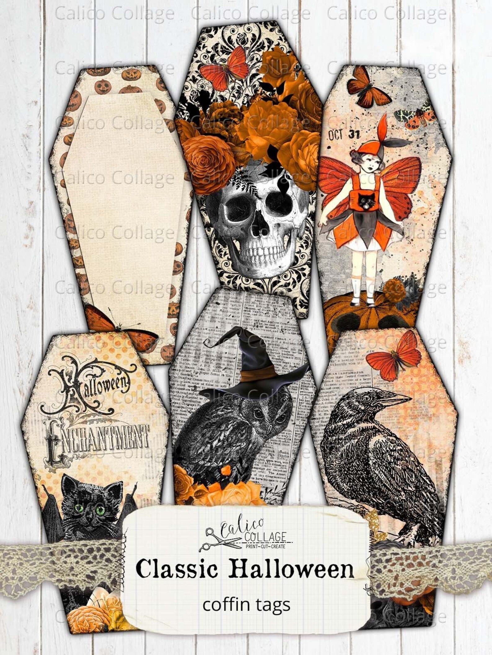 Classic Halloween Coffin Tags Printable Junk Journal Digital - Etsy