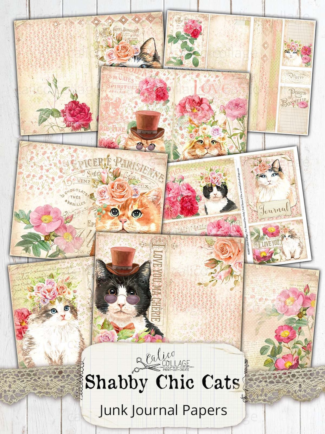 Shabby Chic Cats Rose Junk Journal Papers, Journal Supplies, Printable ...