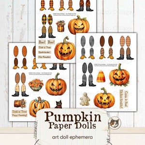 Pumpkin Paper Dolls Halloween Ephemera, Mixed Media Art Dolls, Junk ...