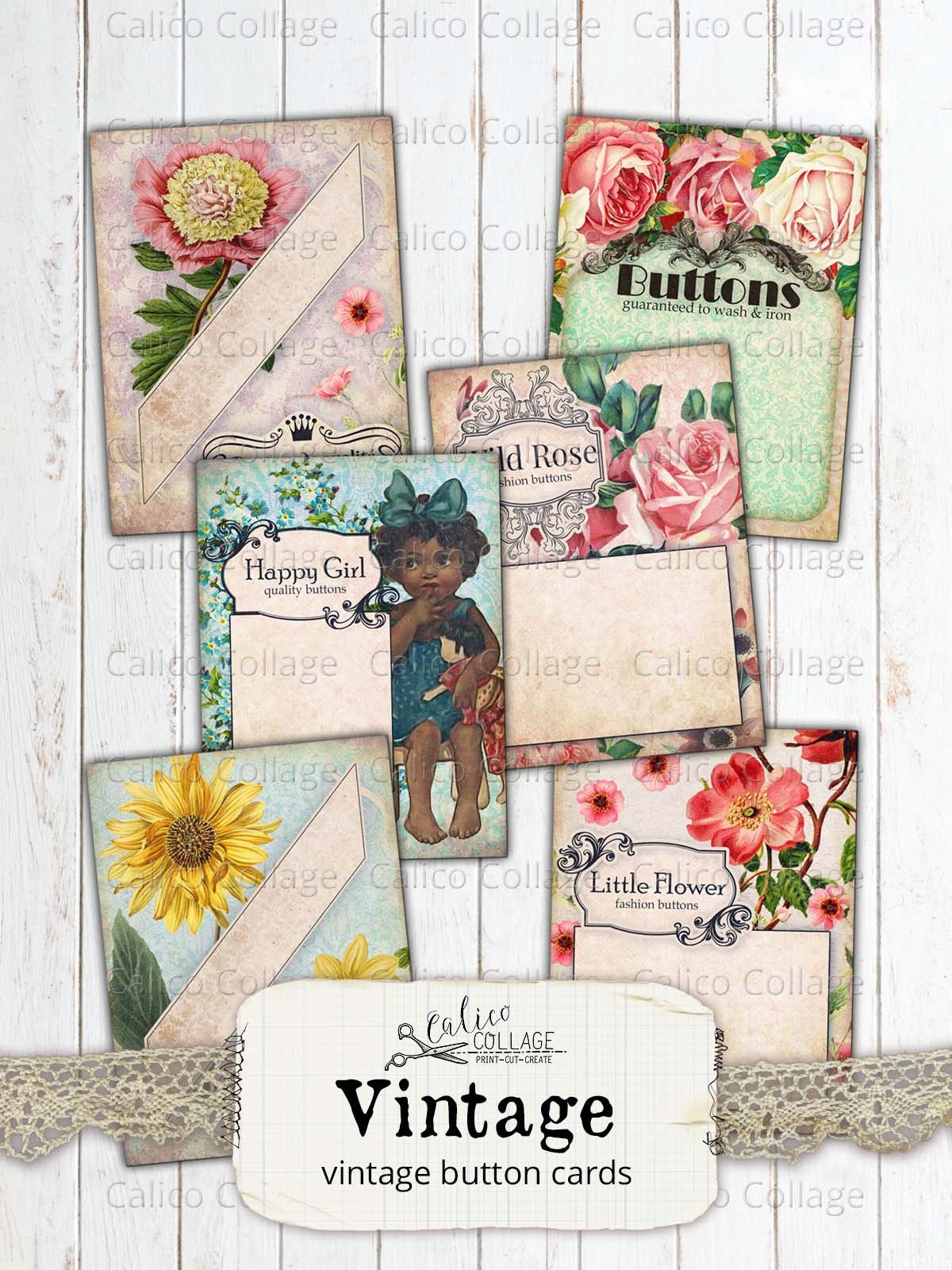 Vintage Button Cards, Printable Sewing Ephemera, Junk Journal Ephemera ...