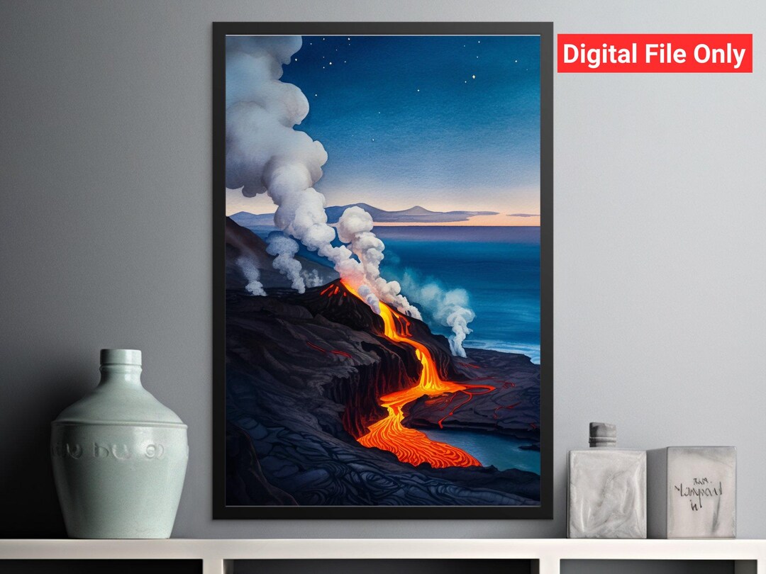 Volcano Landscape Wall Art, Watercolor Volcano Print, Night Sky Lava ...