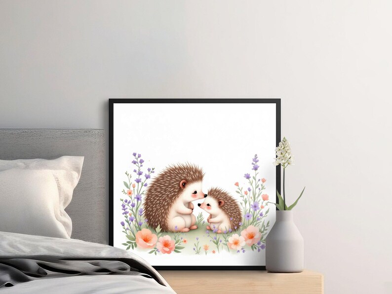 Cute Hedgehog Family Wall Art Print, Watercolor Hedgehogs Digital ...