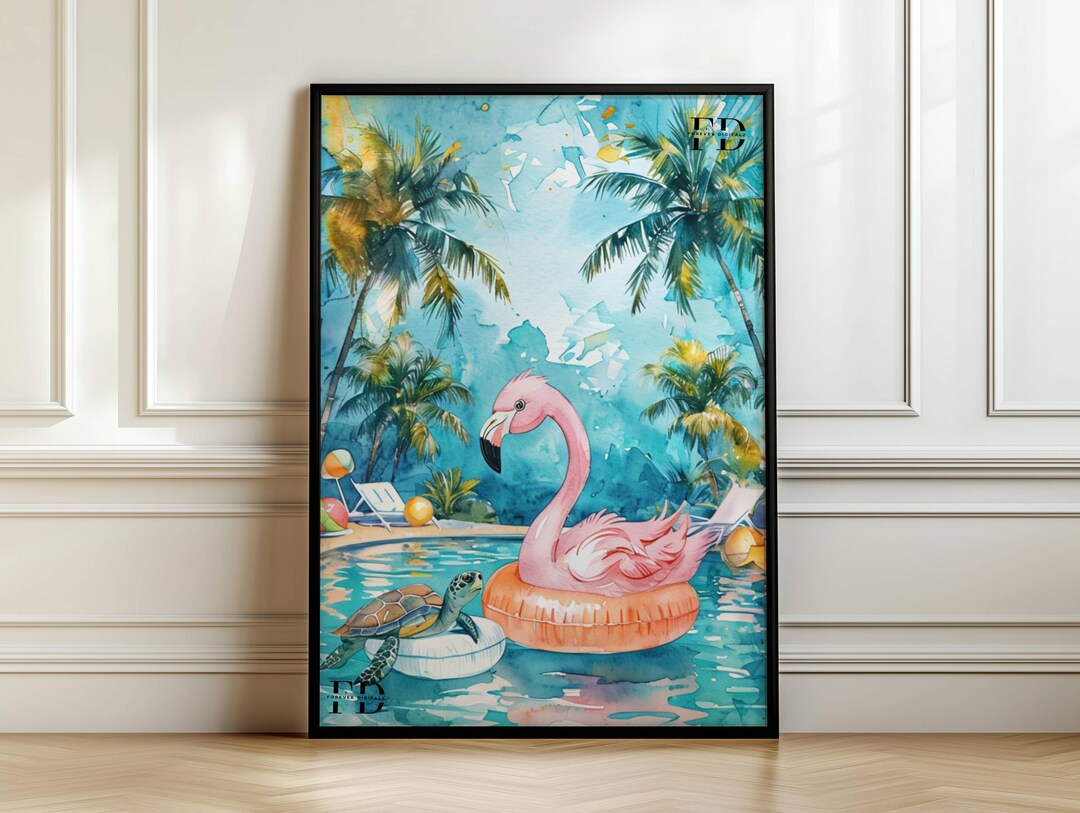 Turtle Flamingo Wall Art, Funny Animal Wall Art, Coastal Wall Art ...
