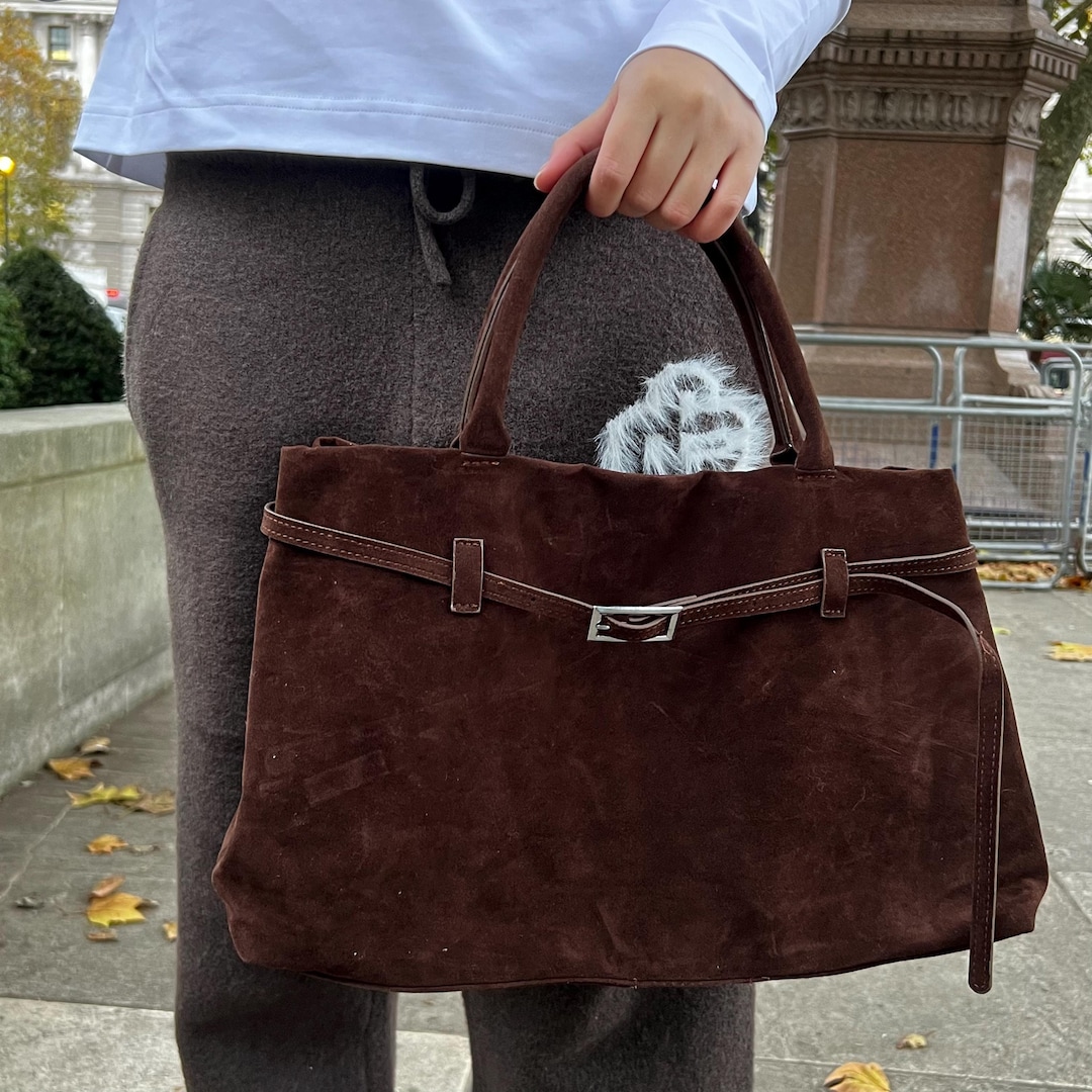 Coffee Brown Suede Tote Bag - Fashionable Handbag With Buckle Detail ...
