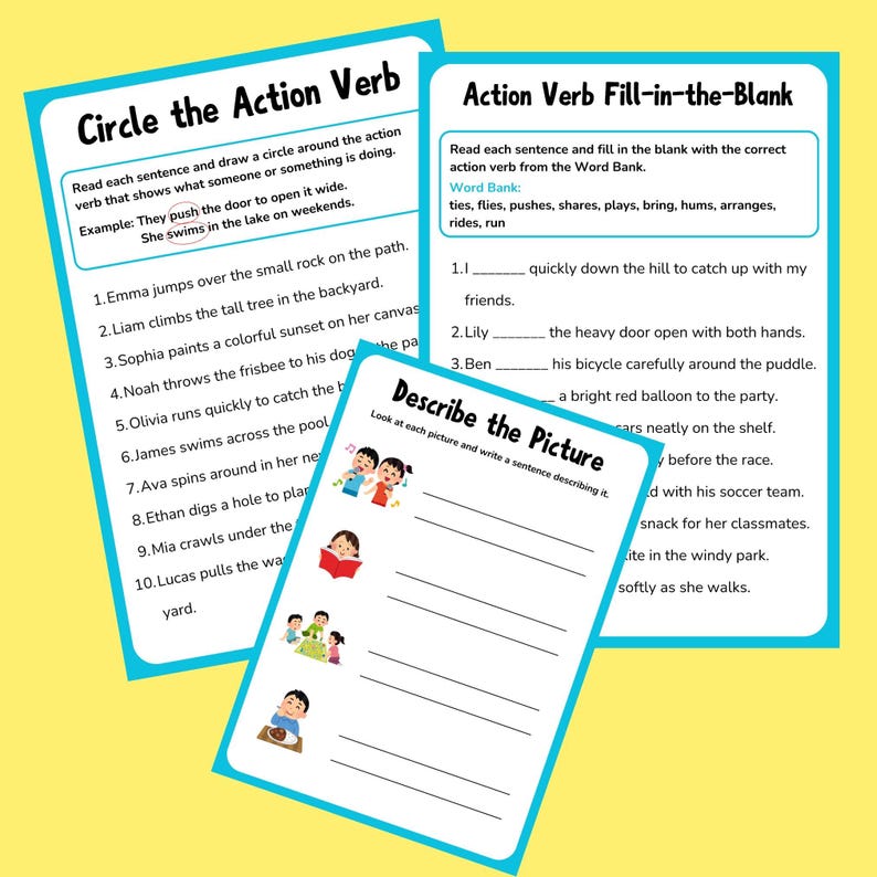 Printable Action Verb Worksheets for Kids - Fun Verb Practice, Sentence ...
