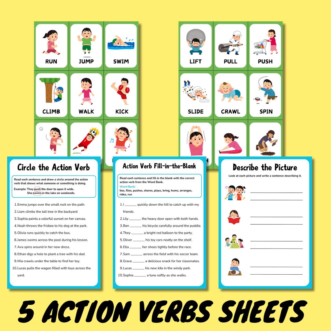 Printable Action Verb Worksheets for Kids - Fun Verb Practice, Sentence ...