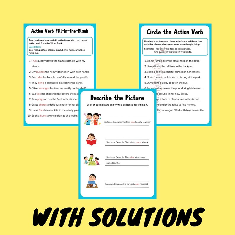 Printable Action Verb Worksheets for Kids - Fun Verb Practice, Sentence ...