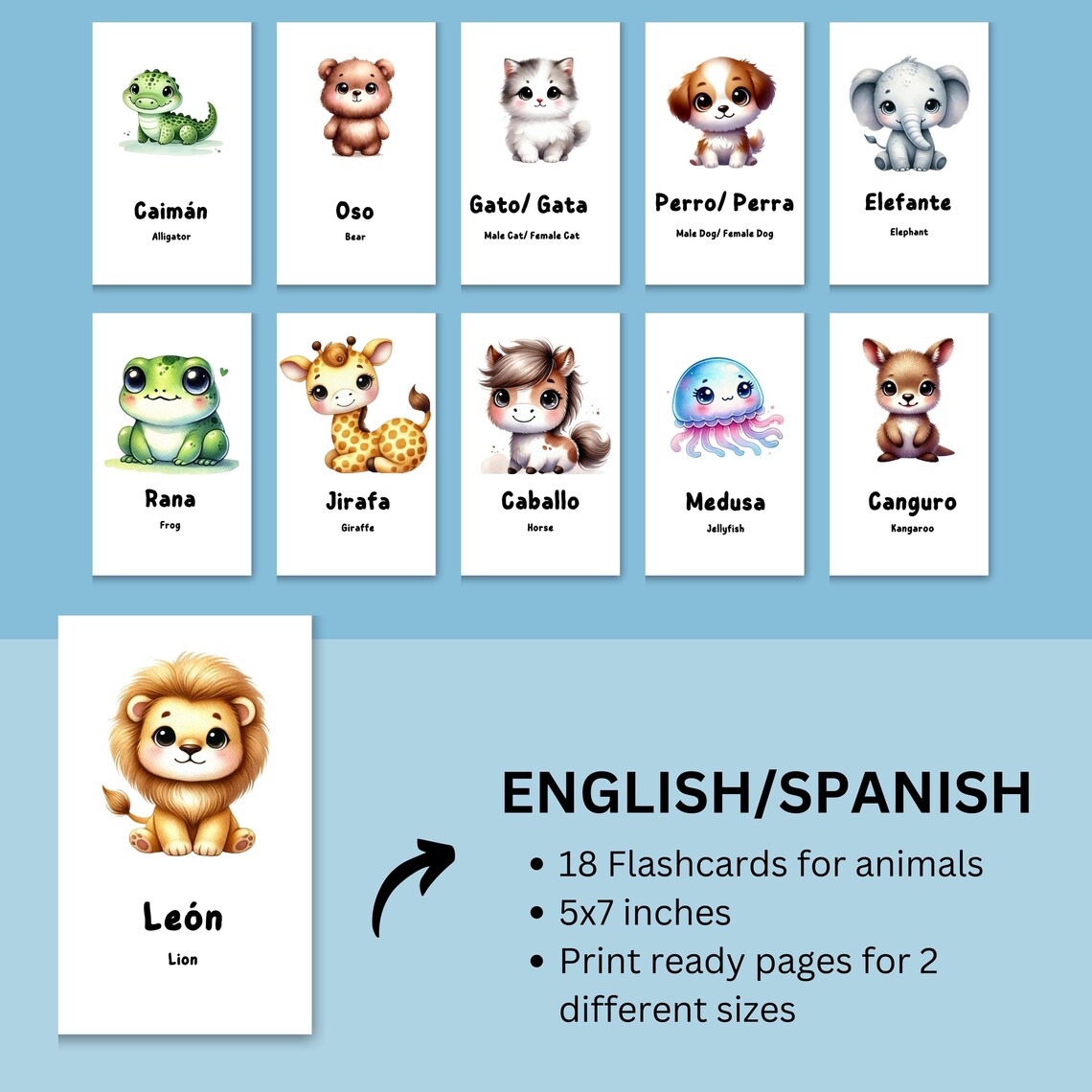 Bilingual Animal Flashcards Spanish-english Cute Animal Illustrations ...