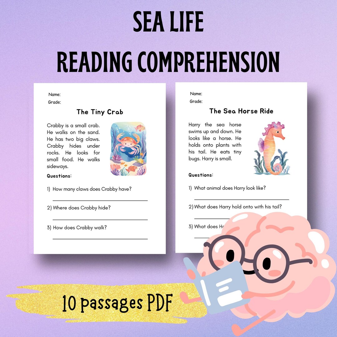 Sea Life Reading Comprehension Worksheets for Kindergarten & 1st Grade ...