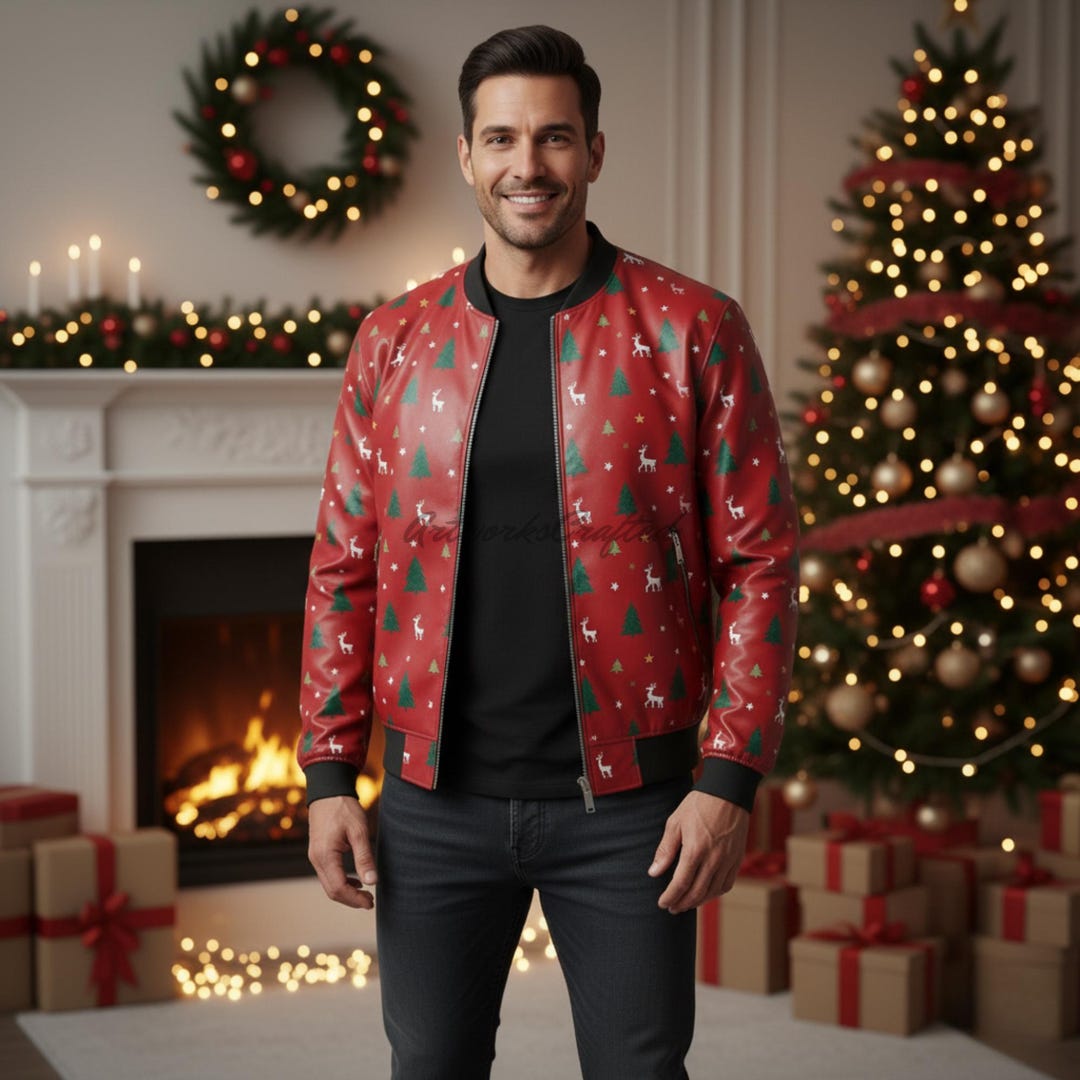 Men's Red Leather Christmas Bomber Jacket, Holiday Print - Etsy