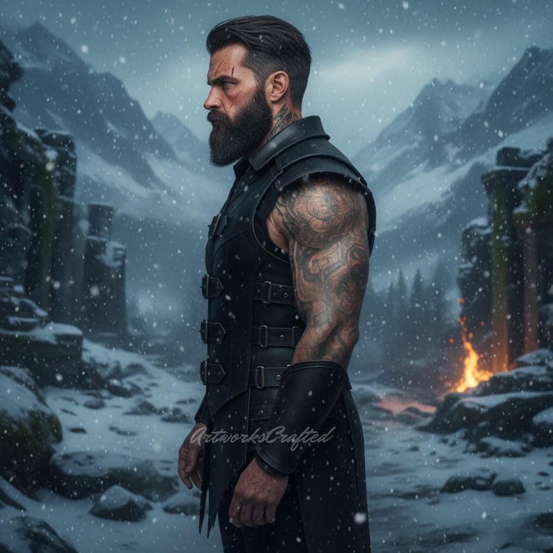 Zwart leren Shadow Warrior-vest, middeleeuws pantserkostuum voor heren ...