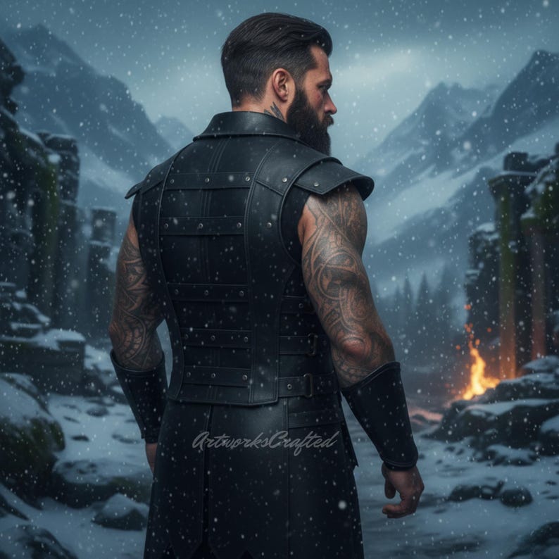 Zwart leren Shadow Warrior-vest, middeleeuws pantserkostuum voor heren ...