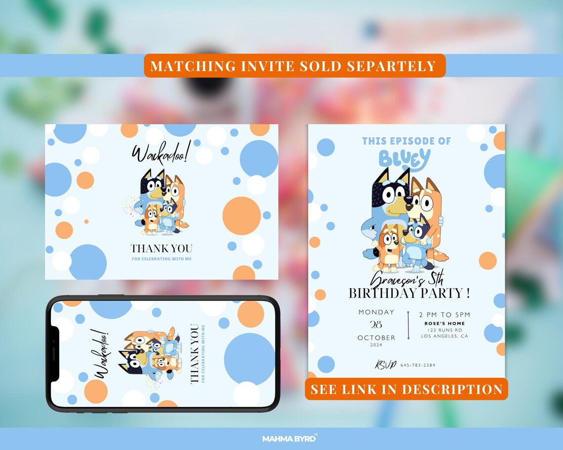 Thank You Bluey Cards Bluey Birthday Invitation Bundle Template With ...