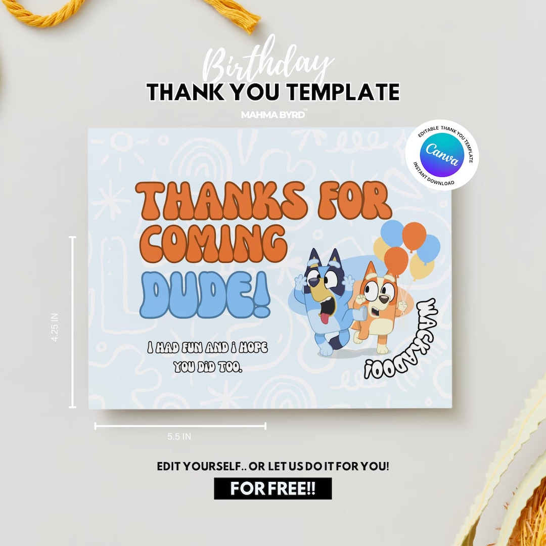Thank You Bluey Cards Bluey Thank You for Coming Bluey Birthday Thank ...
