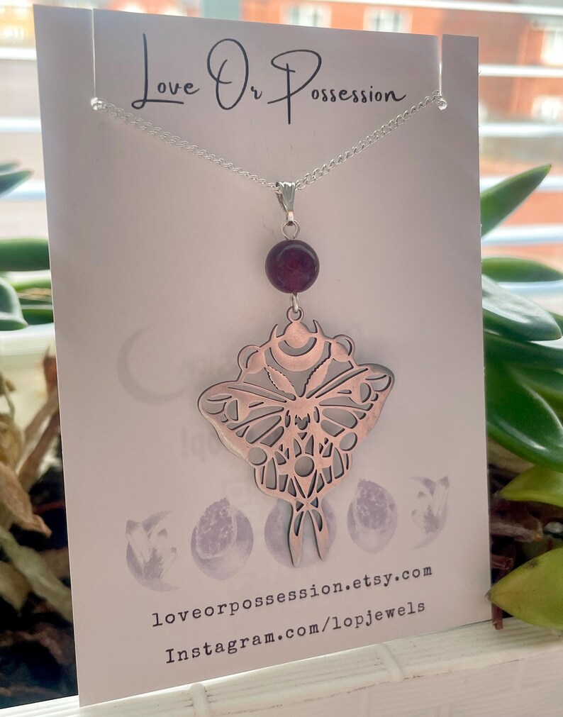 Luna Moth Phases of the Moon & Garnet Gemstone Bead Silver Pendant ...