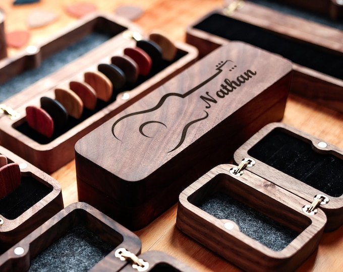Personalized Walnut Guitar Pick Box, Plectrum Holder Case, 4/6/10 Slots ...