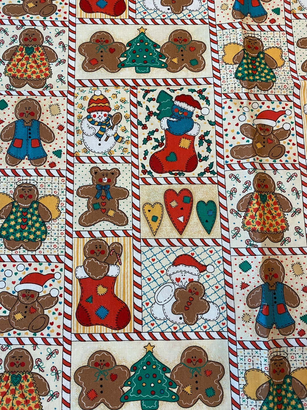 Gingerbread, Snowmen, Candy Canes on Cream Background, Christmas Quilt ...