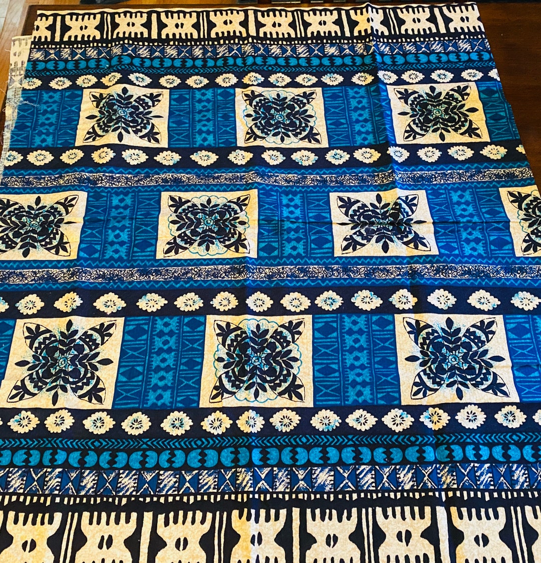Vintage Hawaiian Barkcloth Fabric: Blue Floral Border, 1 Yard - Etsy