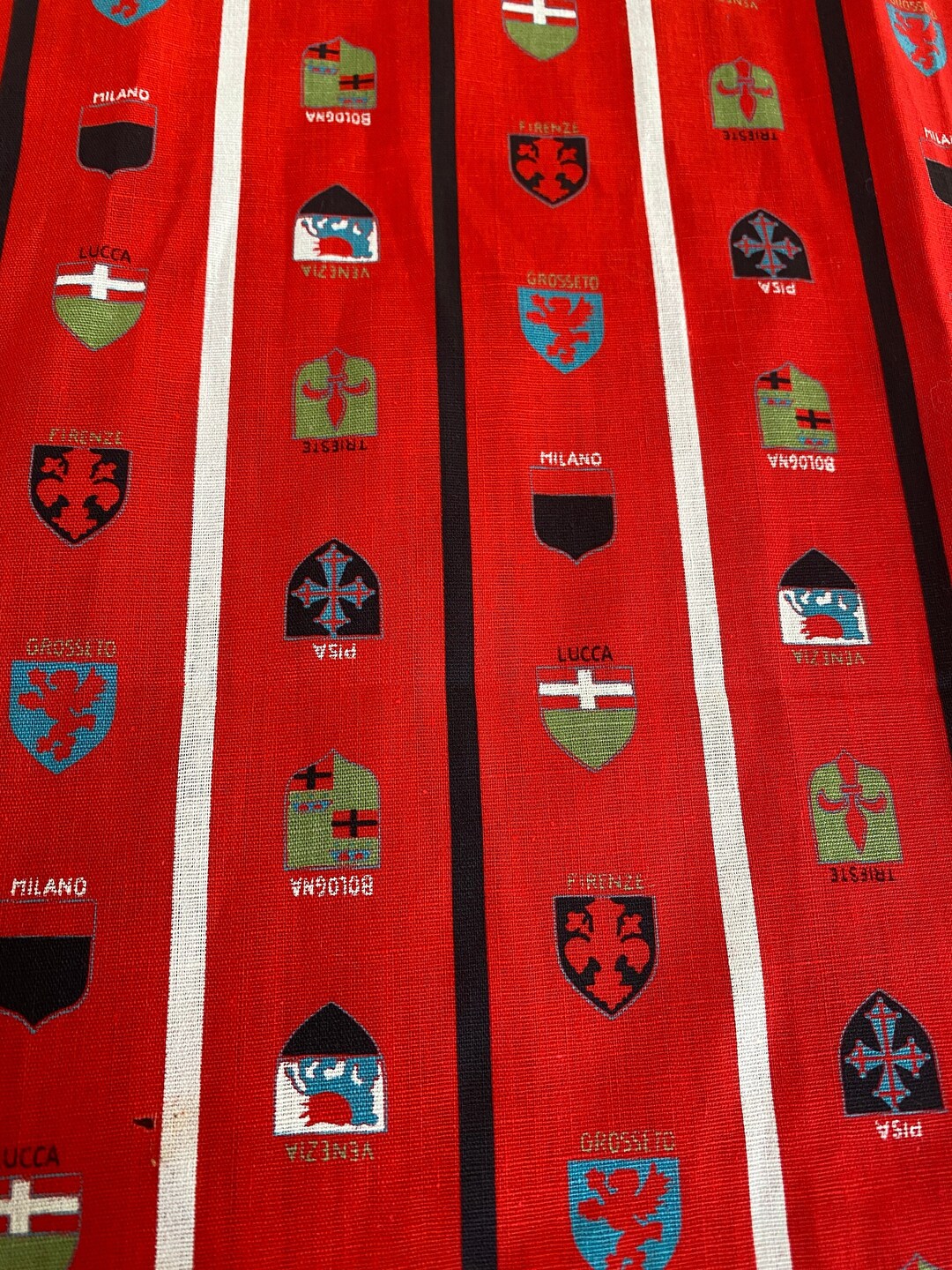 1950 Bright Red Fabric With Italian City Flags as Shield Emblems ...