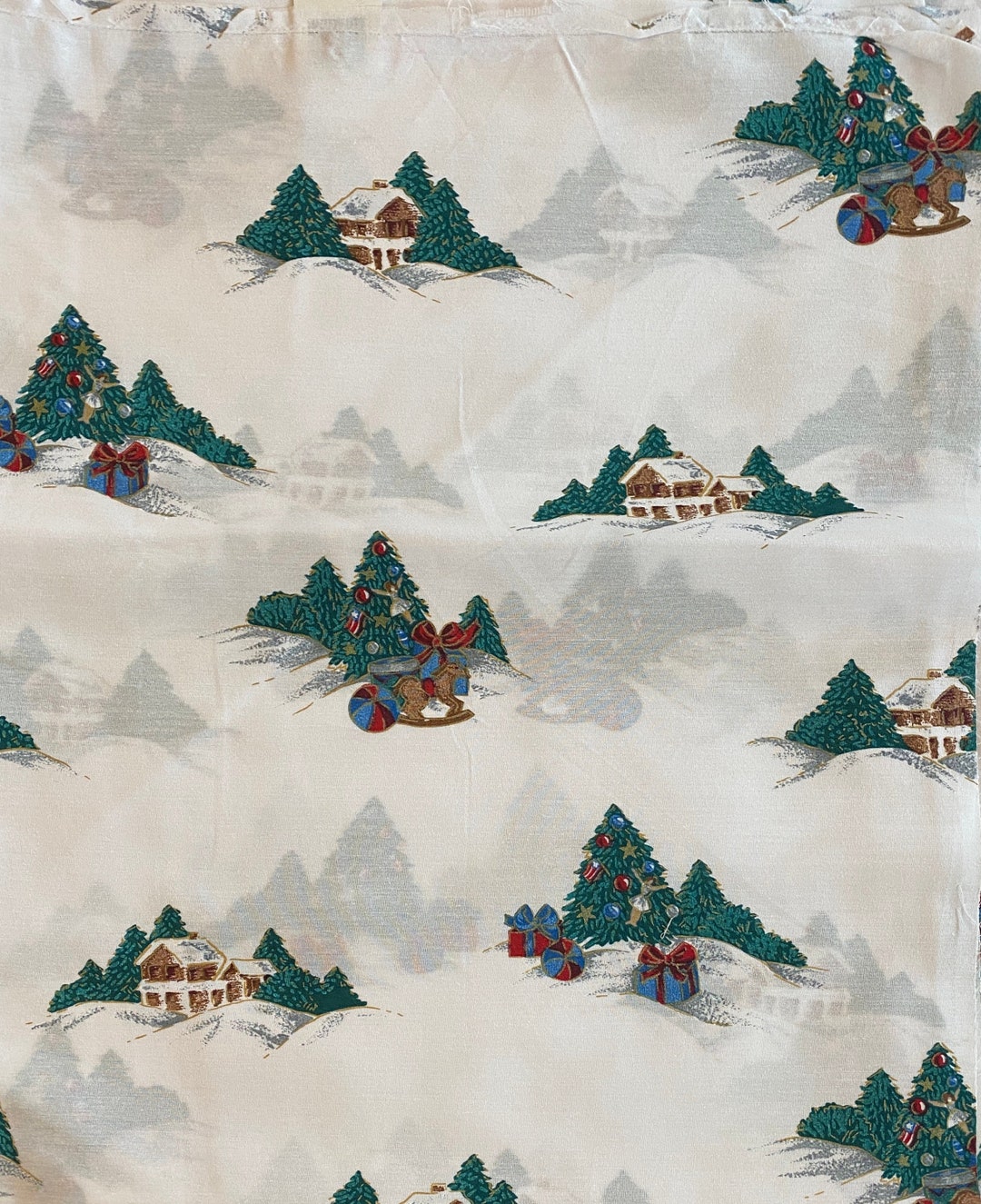 Christmas Quilting Cotton Fabric: Snowy Cabin Scene, Presents (68" Wide ...