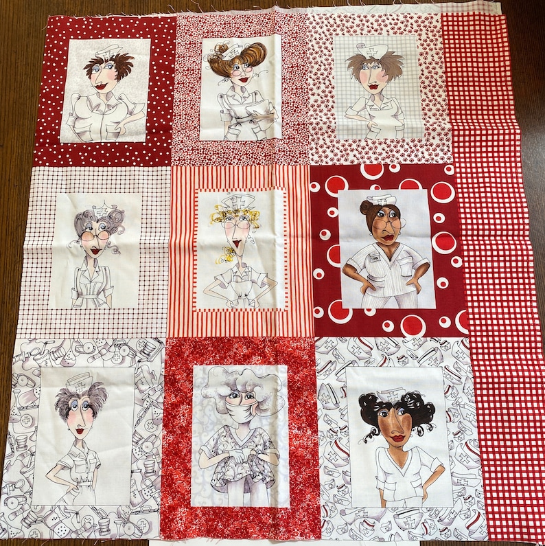 Nifty Nurses Fabric Panel: Loralie Harris Red & White Quilt Cotton (44 ...