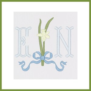Custom Embroidered Blue Daffodil and Bow Frame Monogram Art 5x7 Nursery ...
