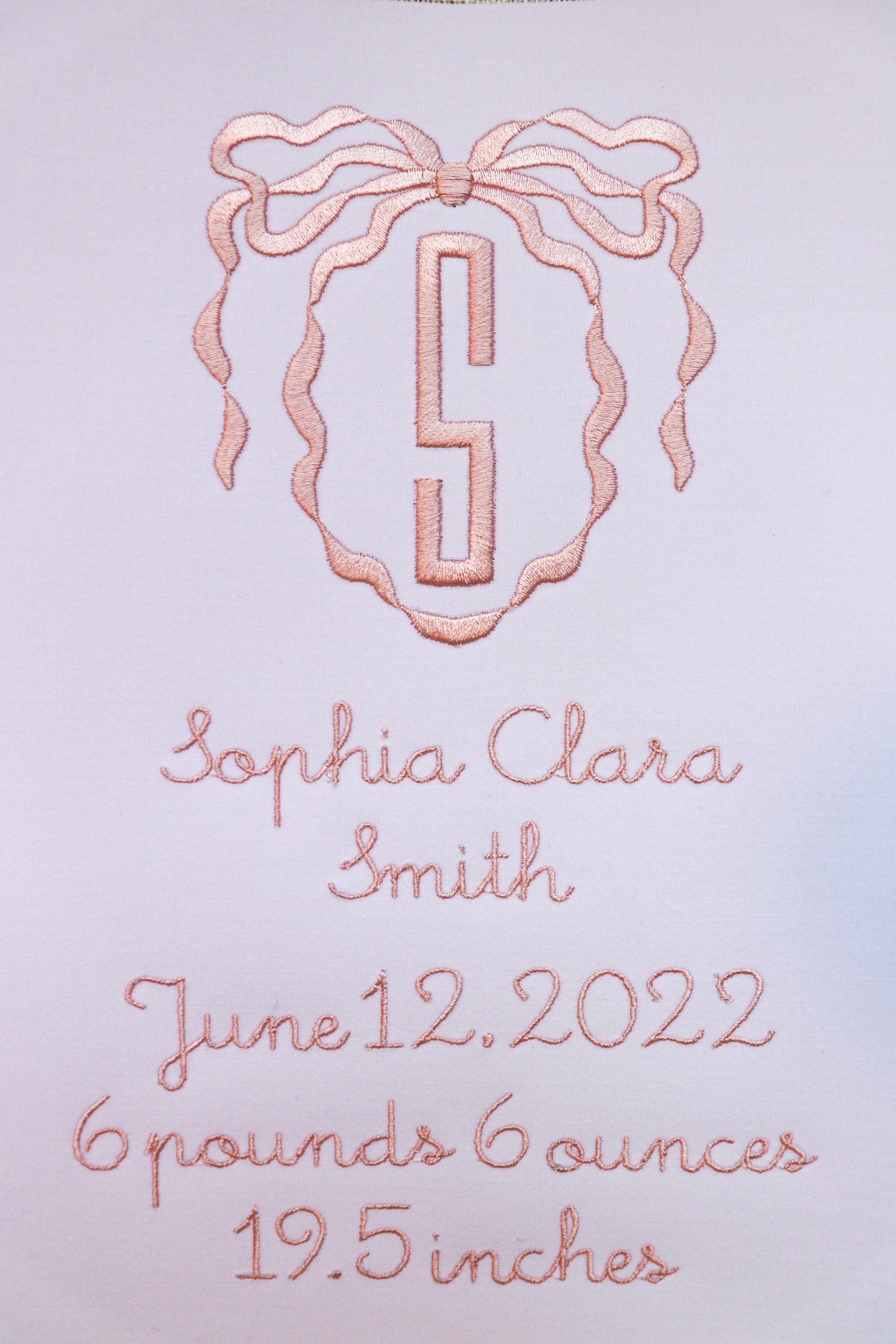Custom Embroidered Pink Bow Monogram Birth Announcement Wall Art 8x10 ...