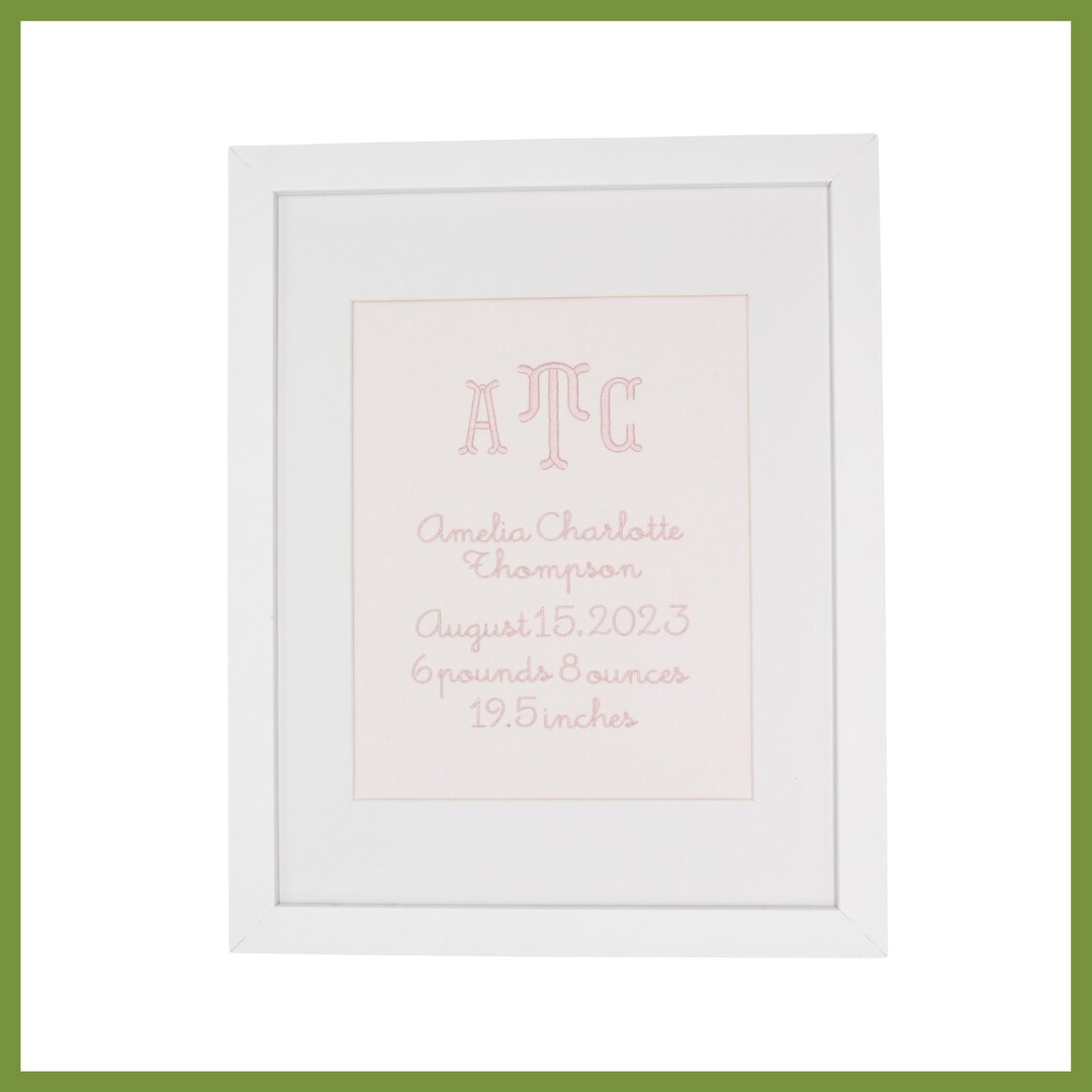 Custom Embroidered Pink Monogram Birth Announcement Wall Art 8x10 ...