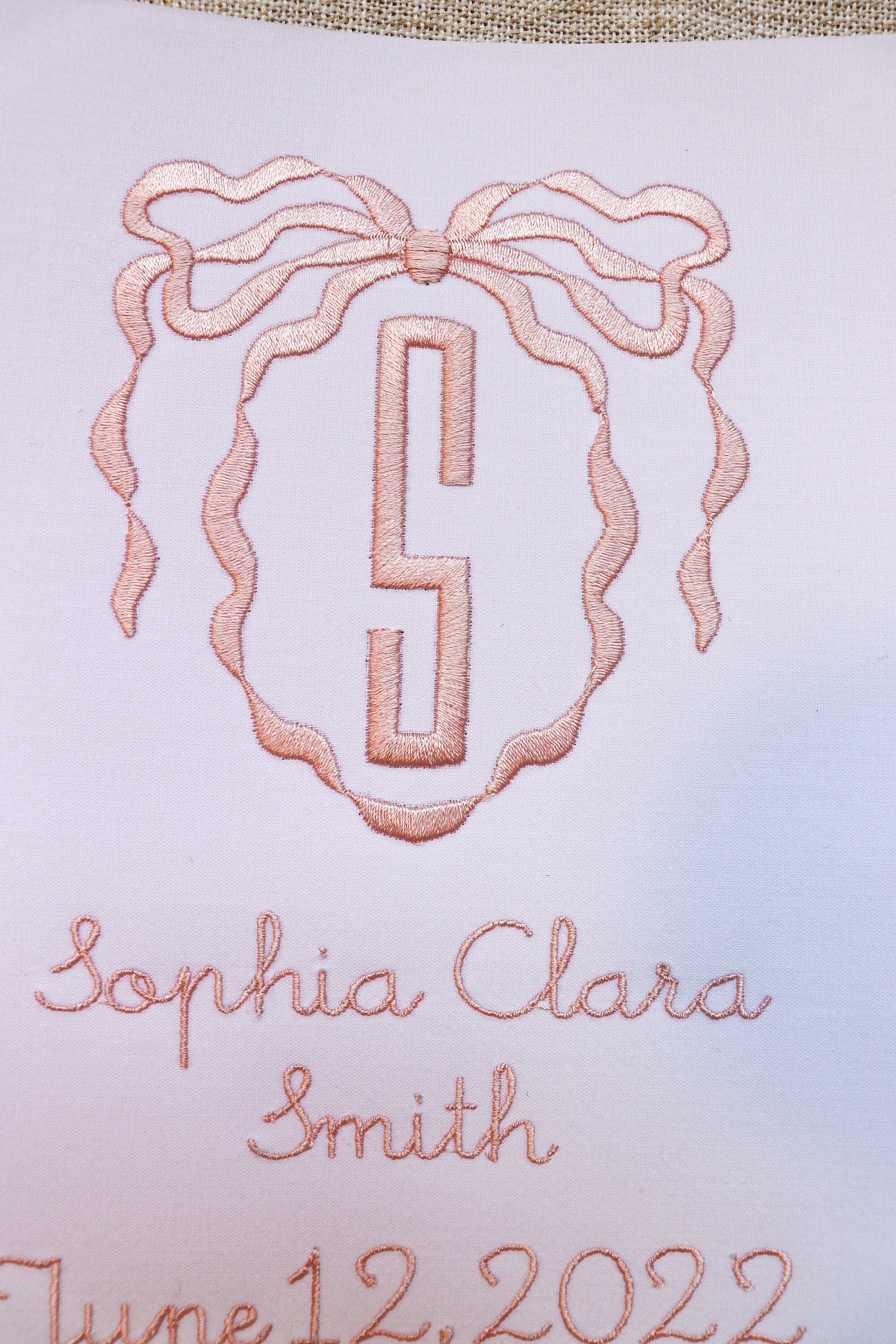 Custom Embroidered Pink Bow Monogram Birth Announcement Wall Art 8x10 ...