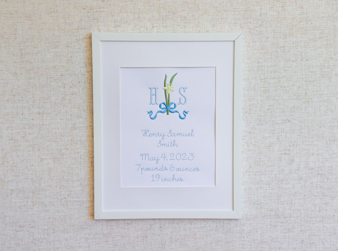 Custom Embroidered Daffodil and Bow Blue Monogram Birth Announcement ...