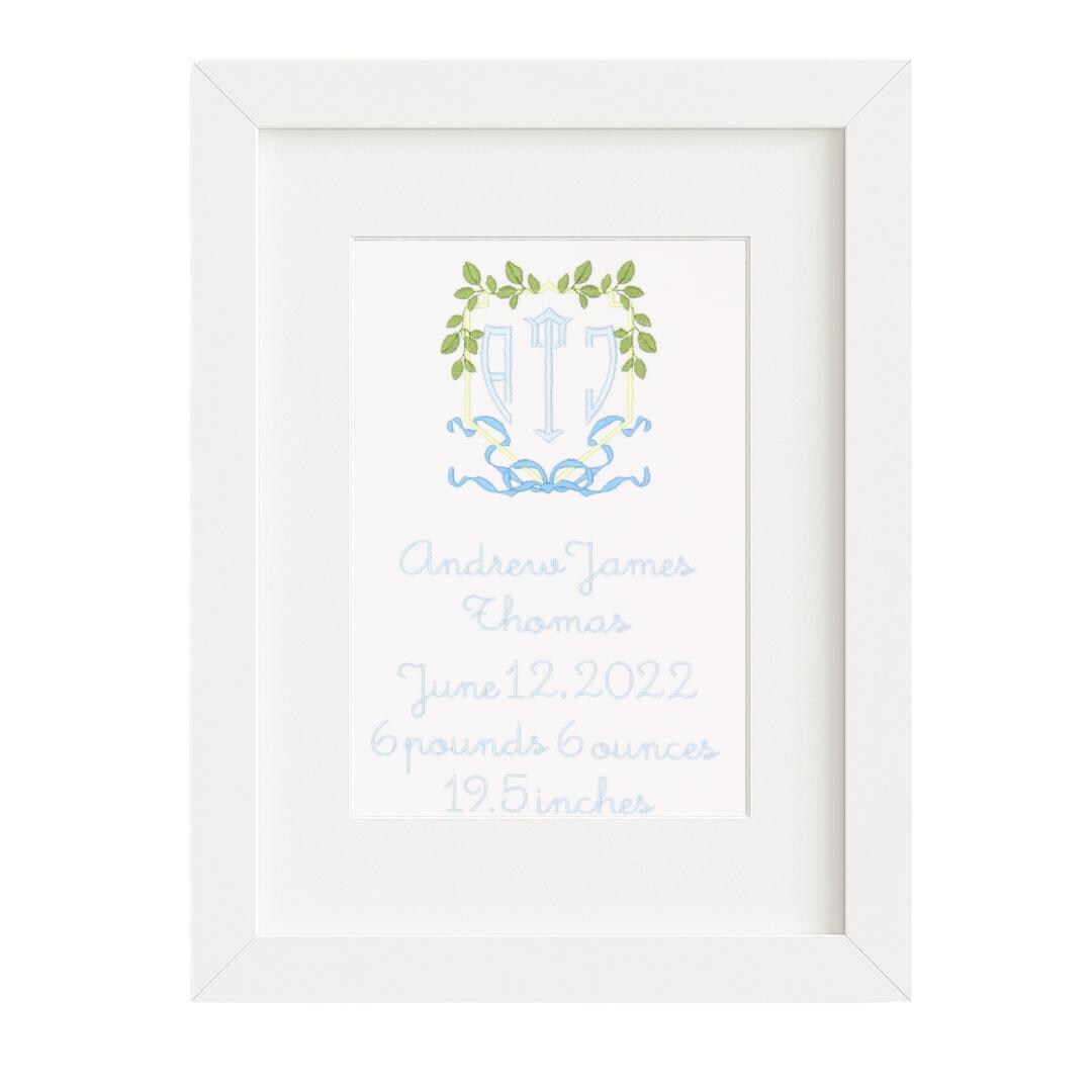 Custom Embroidered Blue Wreath Monogram Birth Announcement Wall Art ...