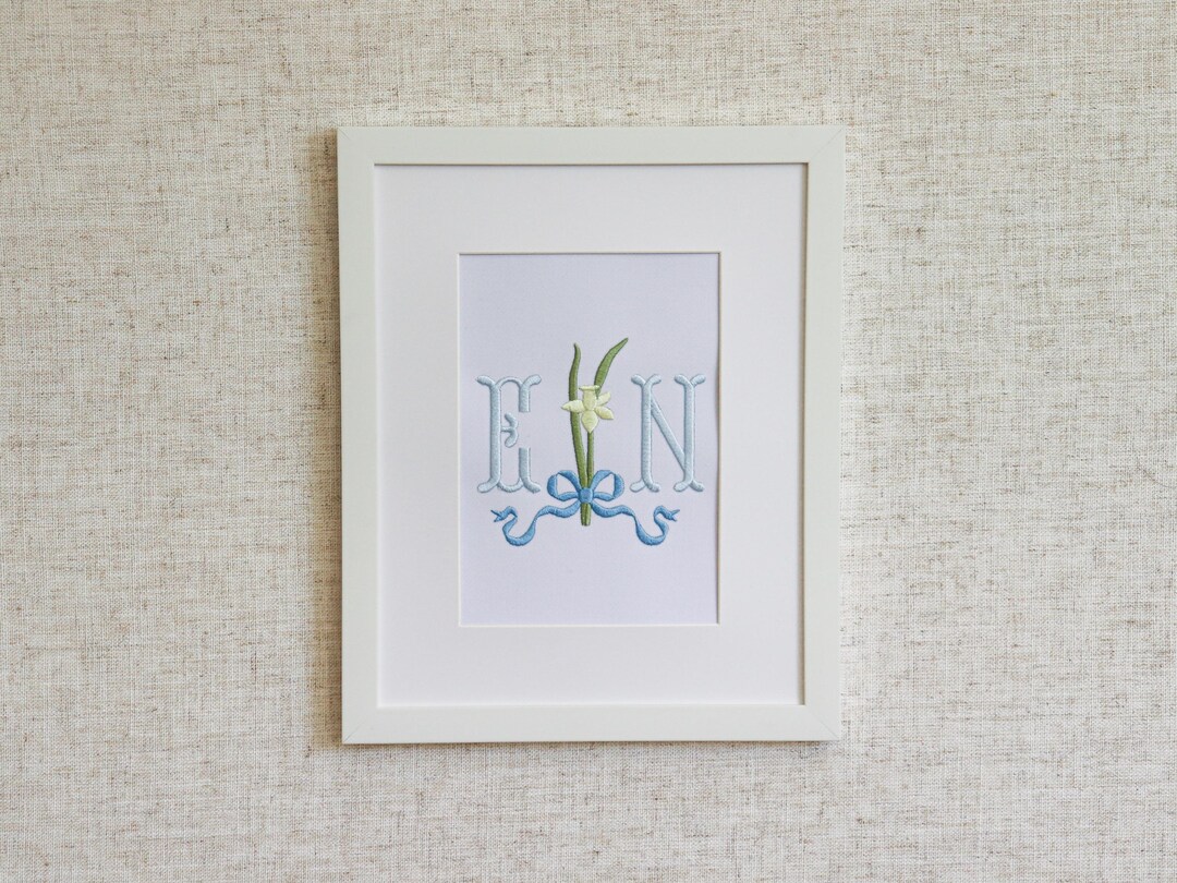 Custom Embroidered Blue Daffodil and Bow Frame Monogram Art 5x7 Nursery ...