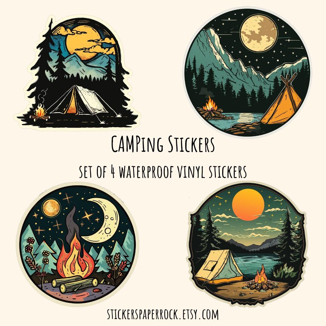Set of 4 Retro Camping Stickers – Camping Gift, Stickers for Camping ...