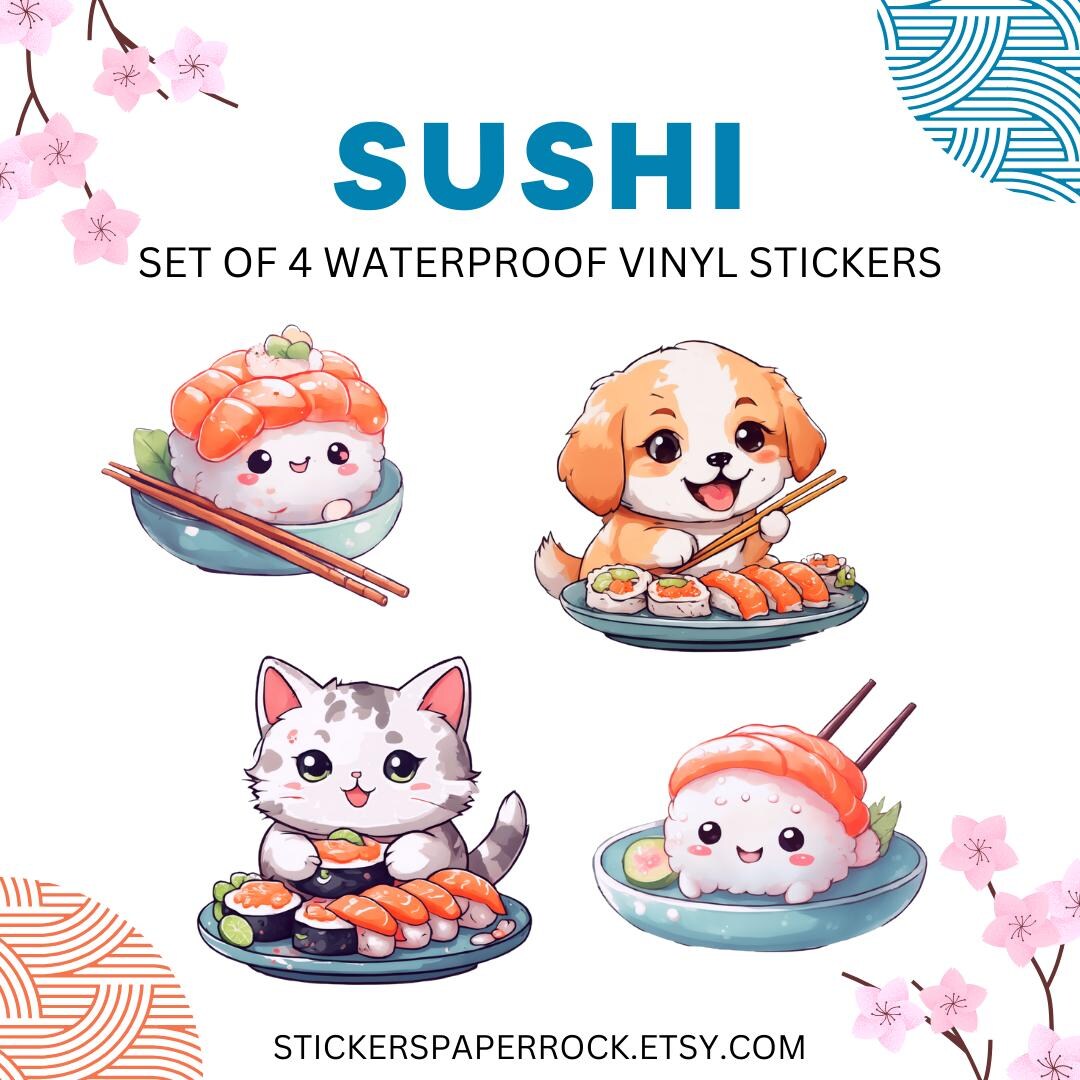 Set of 4 Sushi Stickers Smiling Sushi With Chopsticks, Dog Eating Sushi ...