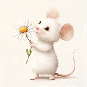 Adorable White Mouse Holding Daisy – Cute Animal Art Print for Nursery ...