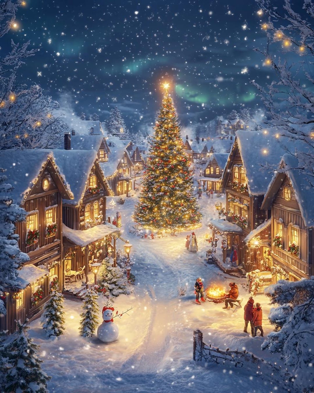 Magical Holiday Village Under Starry Winter Sky Cozy Christmas Night ...
