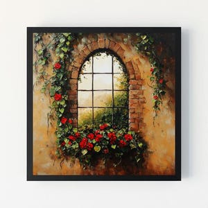 Rustic Arched Window With Lush Red Flowers and Ivy – Vintage Digital ...
