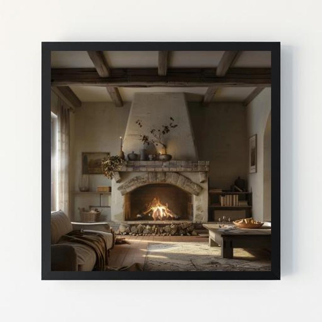 Rustic Fireplace Print: Cozy Cottage Living Room Decor (digital ...