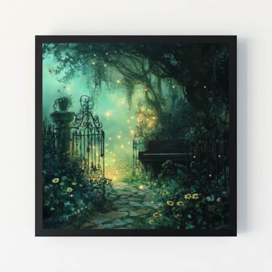 Enchanted Garden Piano Art Print: Whimsical Gate, Glowing Keys (digital ...