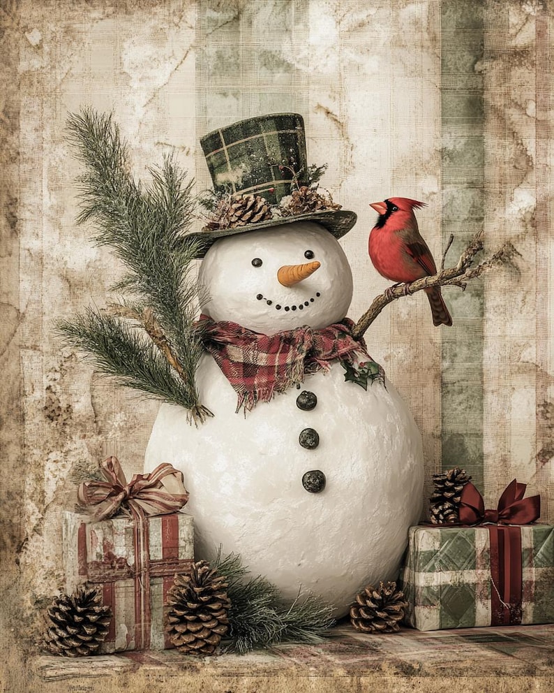 Vintage Snowman Art Print With Red Cardinal and Pine Cones Rustic ...