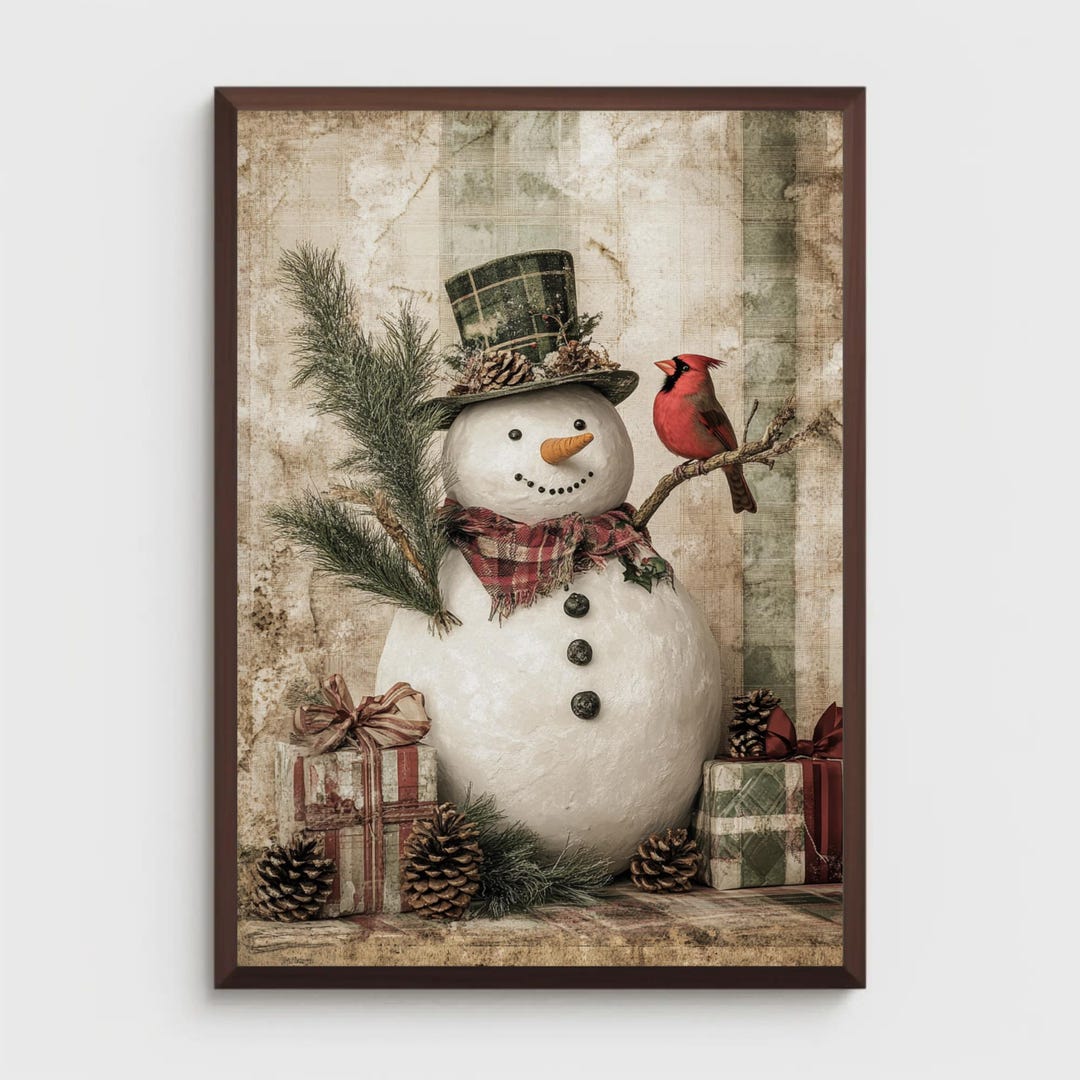 Vintage Snowman Art Print With Red Cardinal and Pine Cones Rustic ...