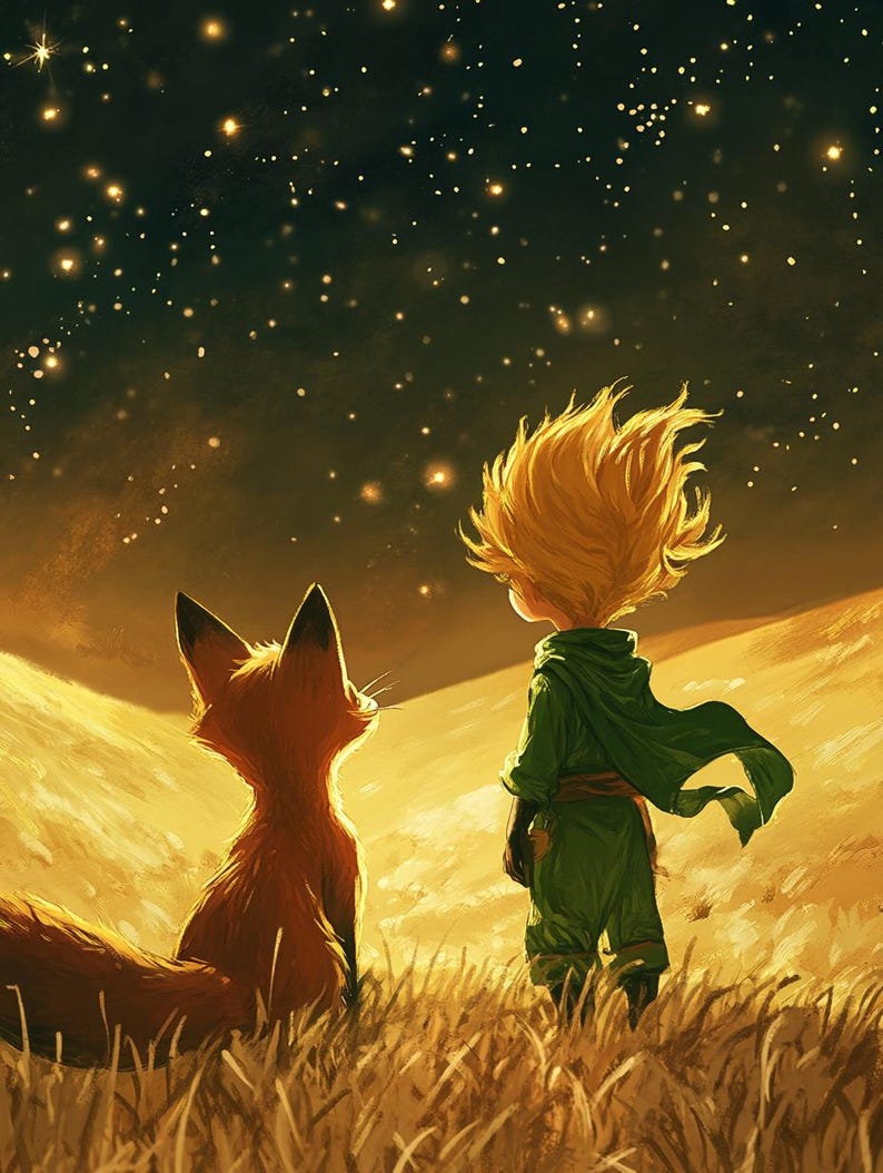 Whimsical Little Prince and Fox Under a Starry Night Sky – Fantasy ...